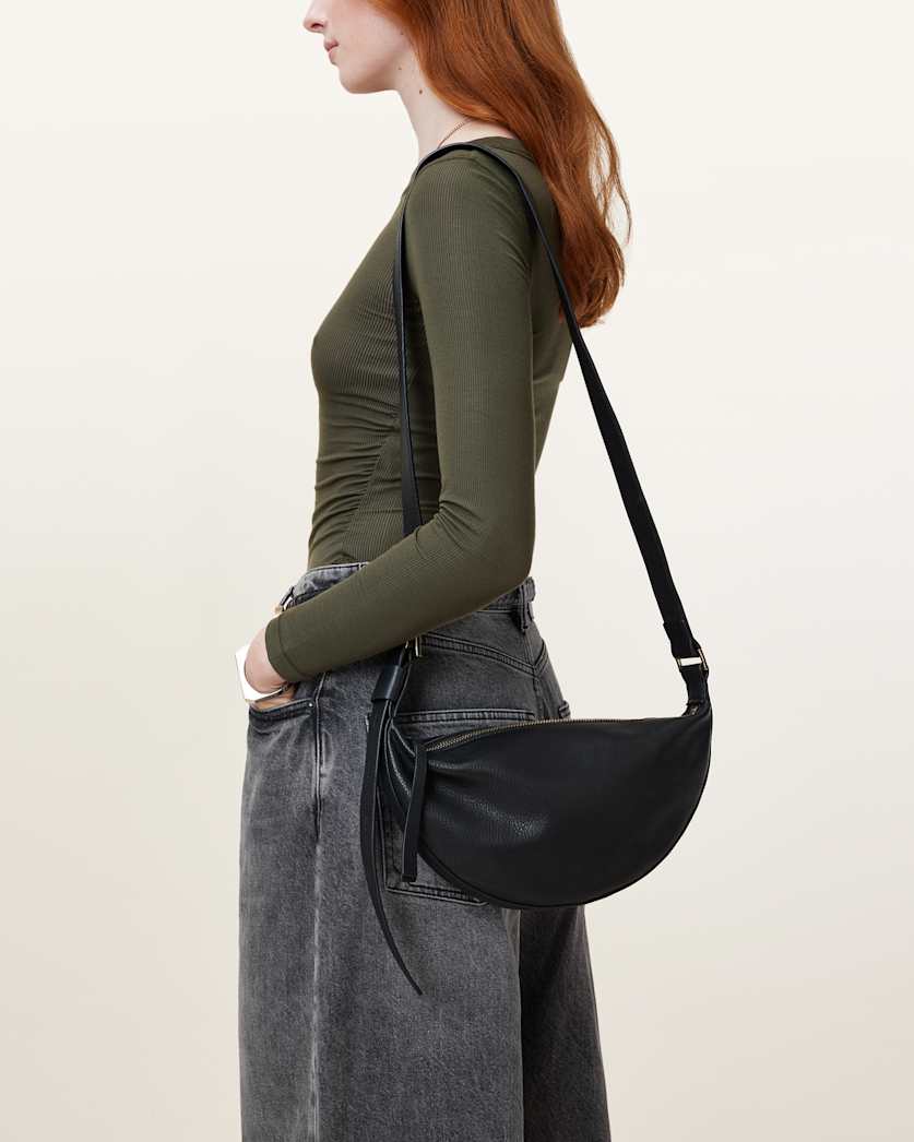 Half Moon Leather Crossbody Bag Black | ALLSAINTS